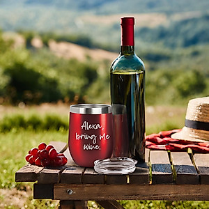 Chris's Stuff 12 oz Wine Tumbler - Iced Coffee Mug with Splash-Proof Lid Stainless Steel Double Wall Vacuum Insulated with Inner Layer Copper Keep Drinks Cold/Hot - Quote: Alexa Bring me Wine (Red)