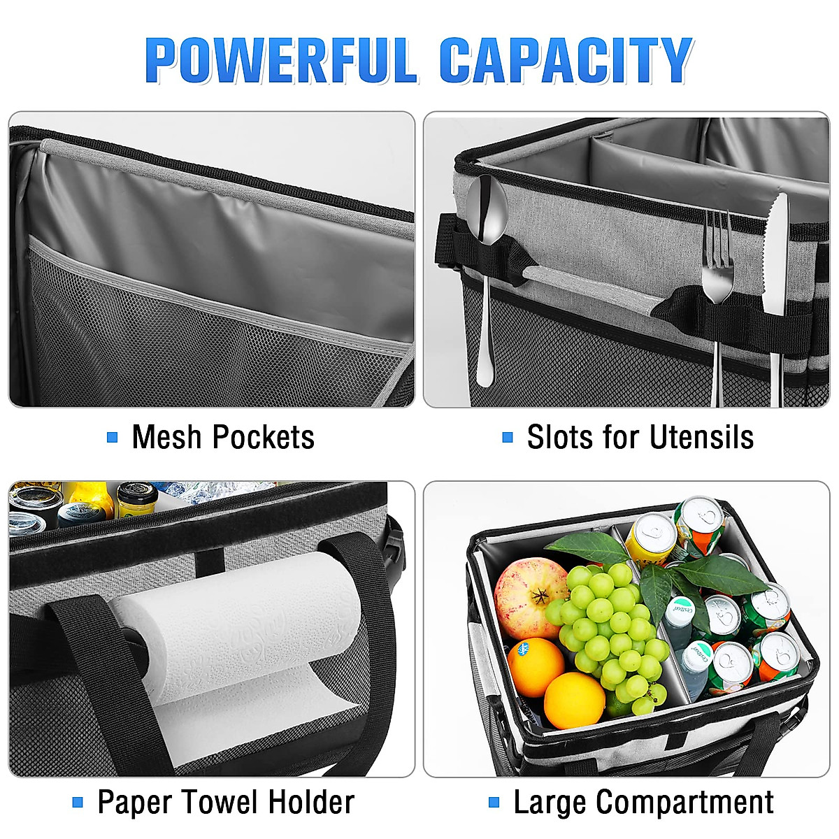 Feestars Large Grill Caddy with Lid and Paper Towel Holder for Picnic, Collapsible& Insulated BBQ Accessory Organizer, Easy Carry Griddle Caddy for Picnic/Barbecue Utensil/Camping/Tailgating