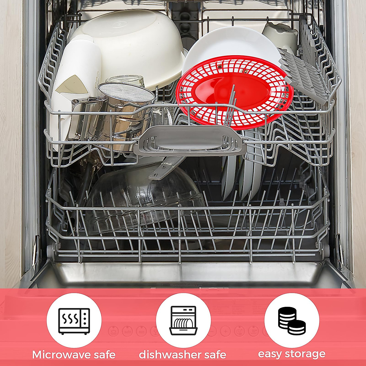 GothaBach 50 Pack Fast Food Baskets, Plastic Fast Food Restaurant Baskets, Bread Fry Baskets Serving Tray for Hot Dogs, Chicken, Burgers, Sandwiches, Fries (Red)