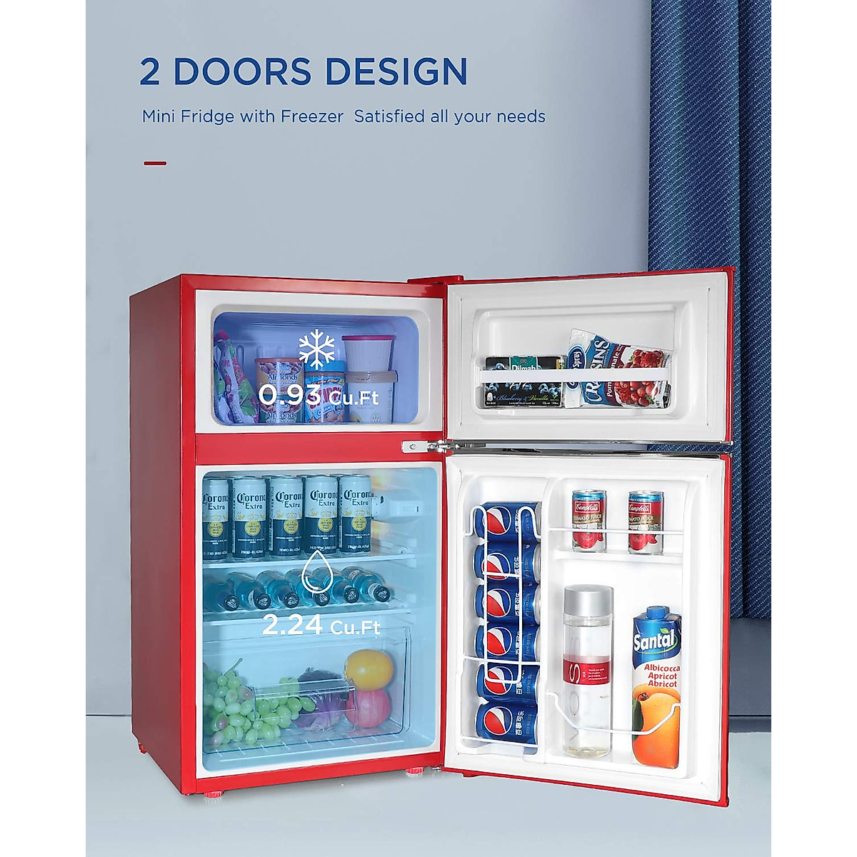 Northair 2-Door Mini Refrigerator with Freezer Compact Fridge with Removable Basket and Shelves 3.2 Cu Ft Red