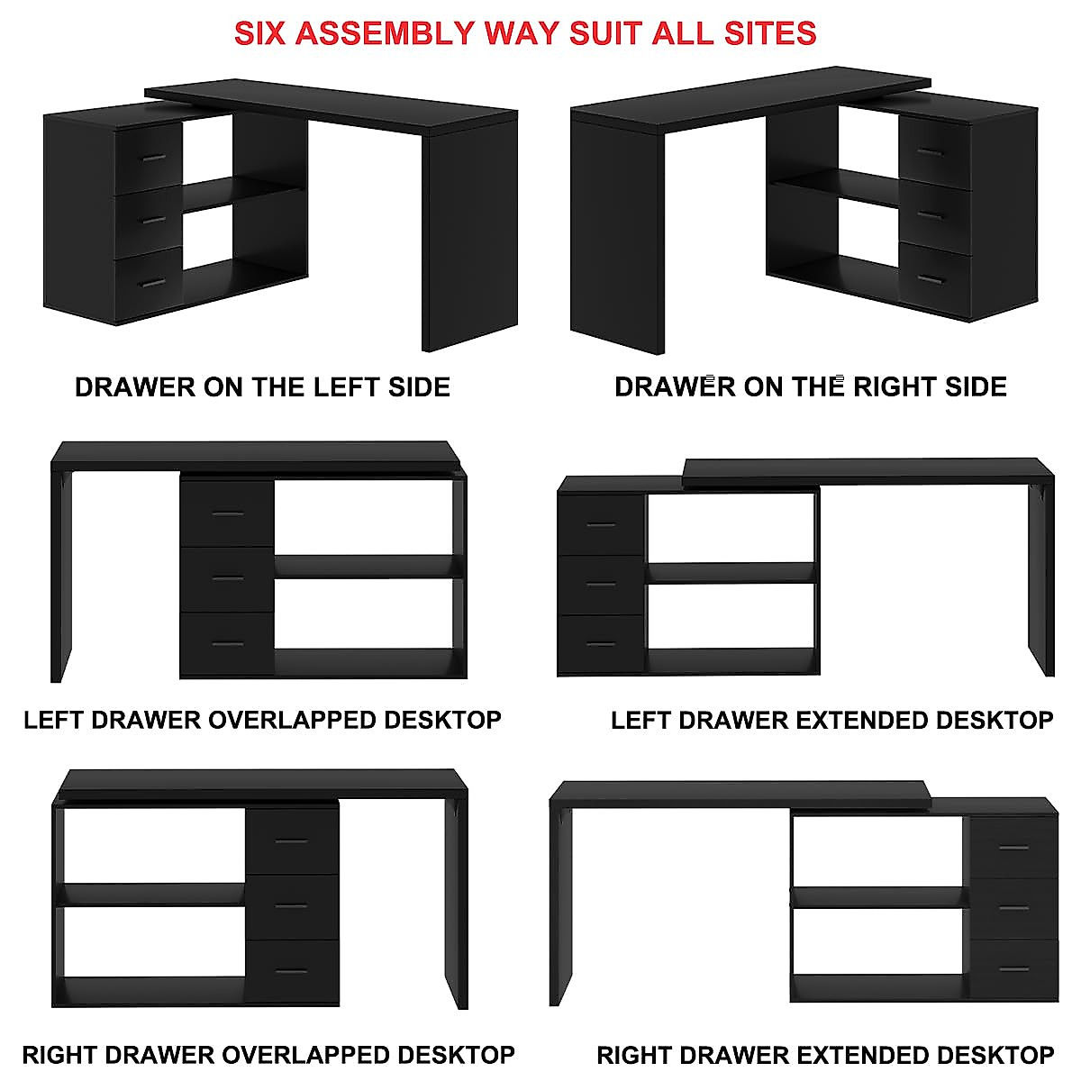 HSH Black L Shaped Computer Desk with Drawers, L Shaped Home Office Desk with Storage Cabinet Shelves, Reversible Corner Wood Writing Desk for Executive Work Study,Large Bedroom Computer Table,55 Inch