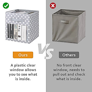 Utureal 11 Inch Fabric Cube Storage Bins with Clear Window, Collapsible Closet Shelves Storage Boxes with Handle, Kids Nursery Room Bedroom Home Basket, Toys Clothes Organizer Bin | Grey, Polka Dots