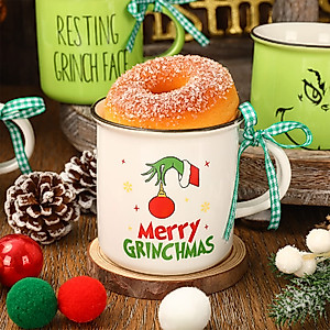 Whaline 4Pcs Christmas Mini Coffee Mug with Ribbon Tiered Tray Decor Green White Xmas Drinking Cups Gifts for Christmas Party Table Centerpieces Decorations Housewarming Gift