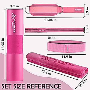 Aggress Sports Barbell Pad Set of 8 – Barbell Squat Pad for Hip Thrust, Lunges with 2 Gym Ankle Straps, Hip Resistance Band – Durable Gym Accessories for Women Includes Carry Bag, Towel, pink