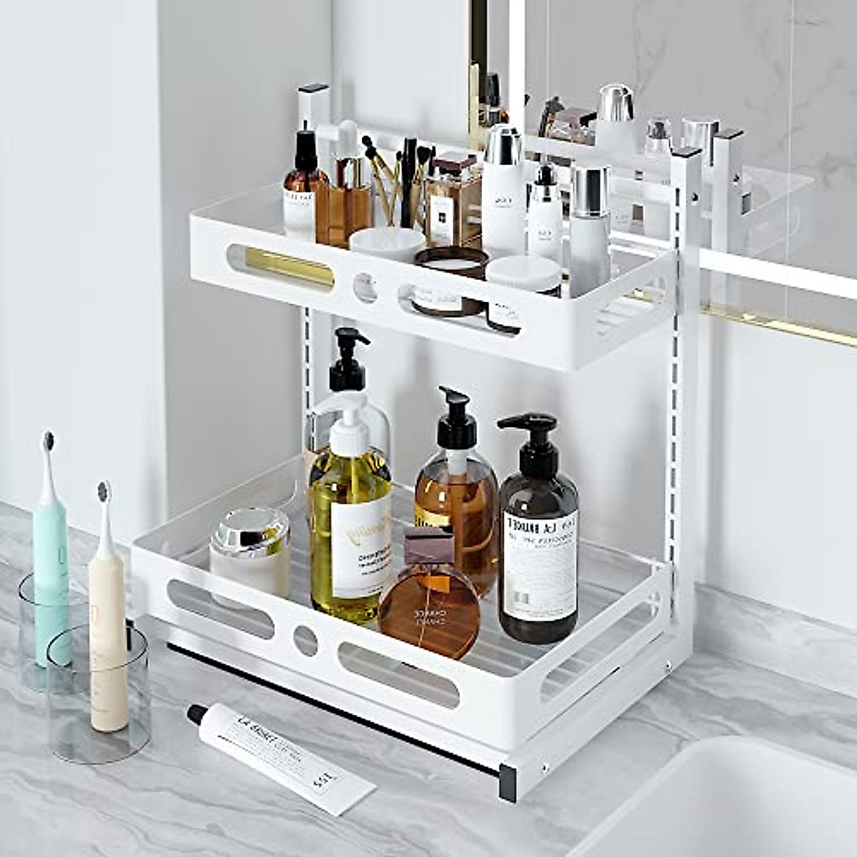 NETEL Under Sink Organizer,Pull Out Sliding Cabinet Basket Organizer 2 Tier Under Bathroom Storage Rack, Multi-Use for, Height Adjustable, With PP Frosted Pad, With strong double-sided adhesive, White