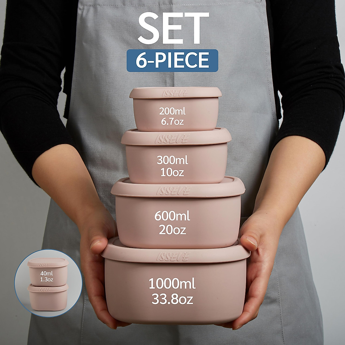 ISSEVE 6Pcs/Set Nesting Silicone Food Storage Containers with Lids, BPA Free Reusable Meal Prep Silicone Containers Lunch Box Bento Box Set (33.8oz, 20oz, 10oz, 6.7oz, 1.3oz) (Pink)