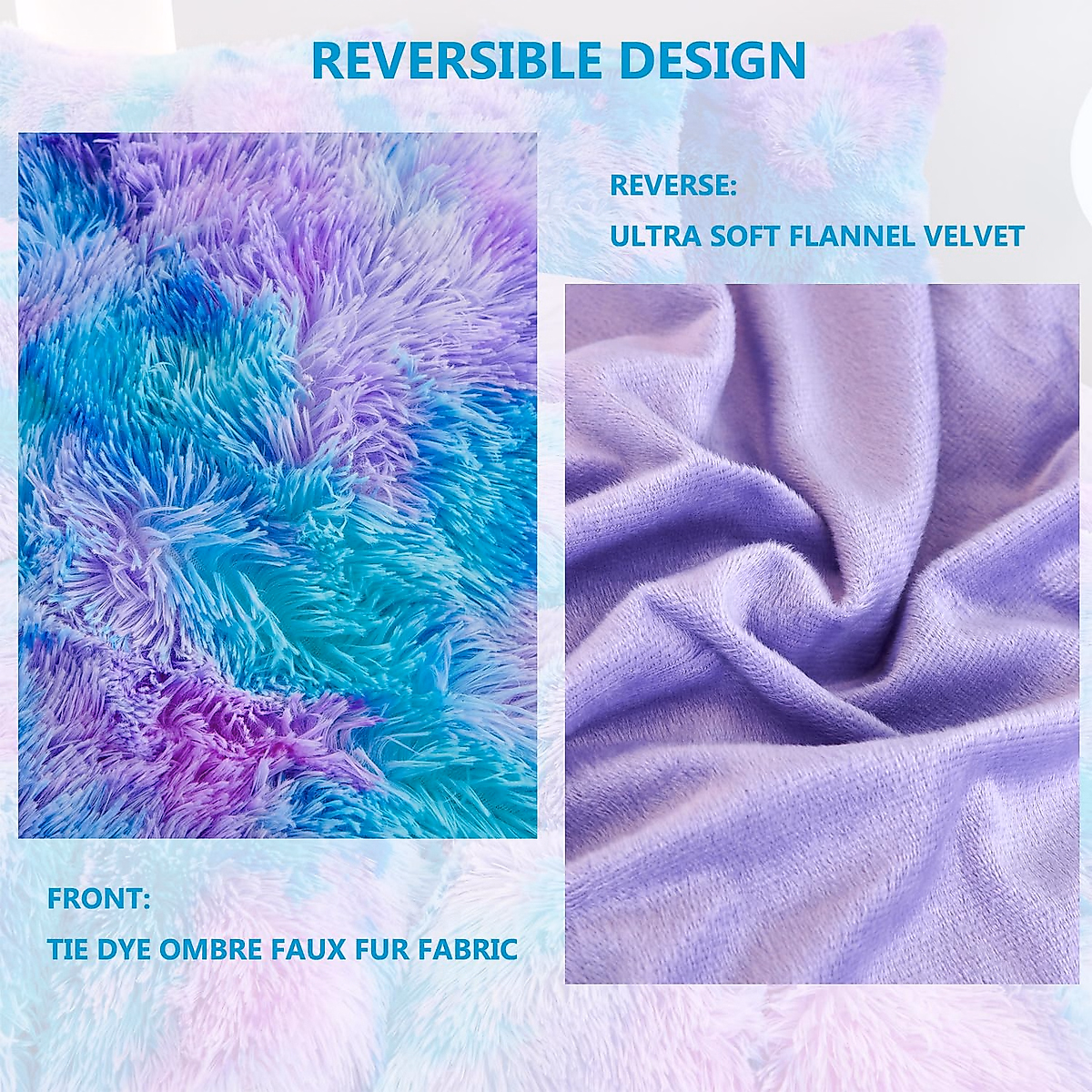 SUCSES Blue Purple Fluffy Twin Bedding Sets for Girls 3Pcs Faux Fur Plush Shaggy Kids Duvet Cover Set Twin Size Tie Dye Velvet Furry Comforter Cover Set (Blue Purple, Twin)