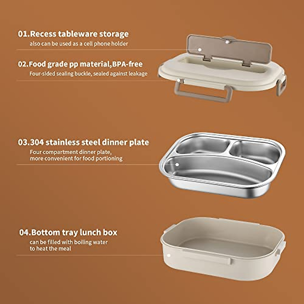 Lunch Box,1000ml Stainless Steel Bento Box,Versatile 3-Compartment Portable Lunch Box Container-Salad Lunch Containers for Adults/Kids with Spoon Fork Thermos Bag Accessories (Creamy White)