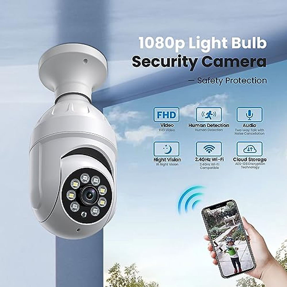 BITEPASS 1080p Light Bulb Wireless Security Camera, 355° Panoramic Dome Cam, Live View, AI Human Detection, 2-Way Audio, Color Night Vision, Cloud Storage, Spotlights, Indoor Outdoor Surveillance