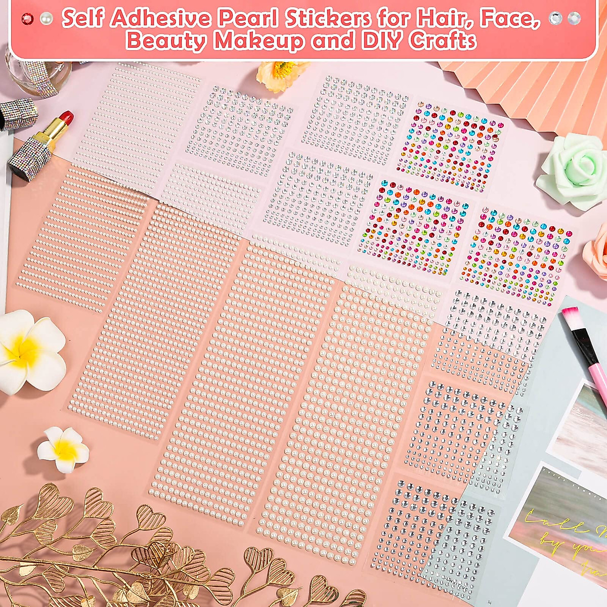 4576 Pieces Hair Pearls and Face Rhinestones Stickers, Self Adhesive Stick on Pearls Bling Gems Jewels Stickers for Hair Face Body Makeup Clothes Shoes Bags DIY Craft and Decorations