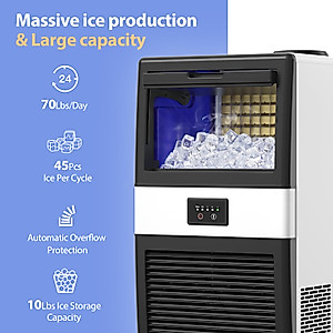 Commercial Ice Maker Machine, 70lbs/24H Stainless Steel Under Counter ice Machine with 10lbs Ice Storage Capacity, Freestanding Ice Maker