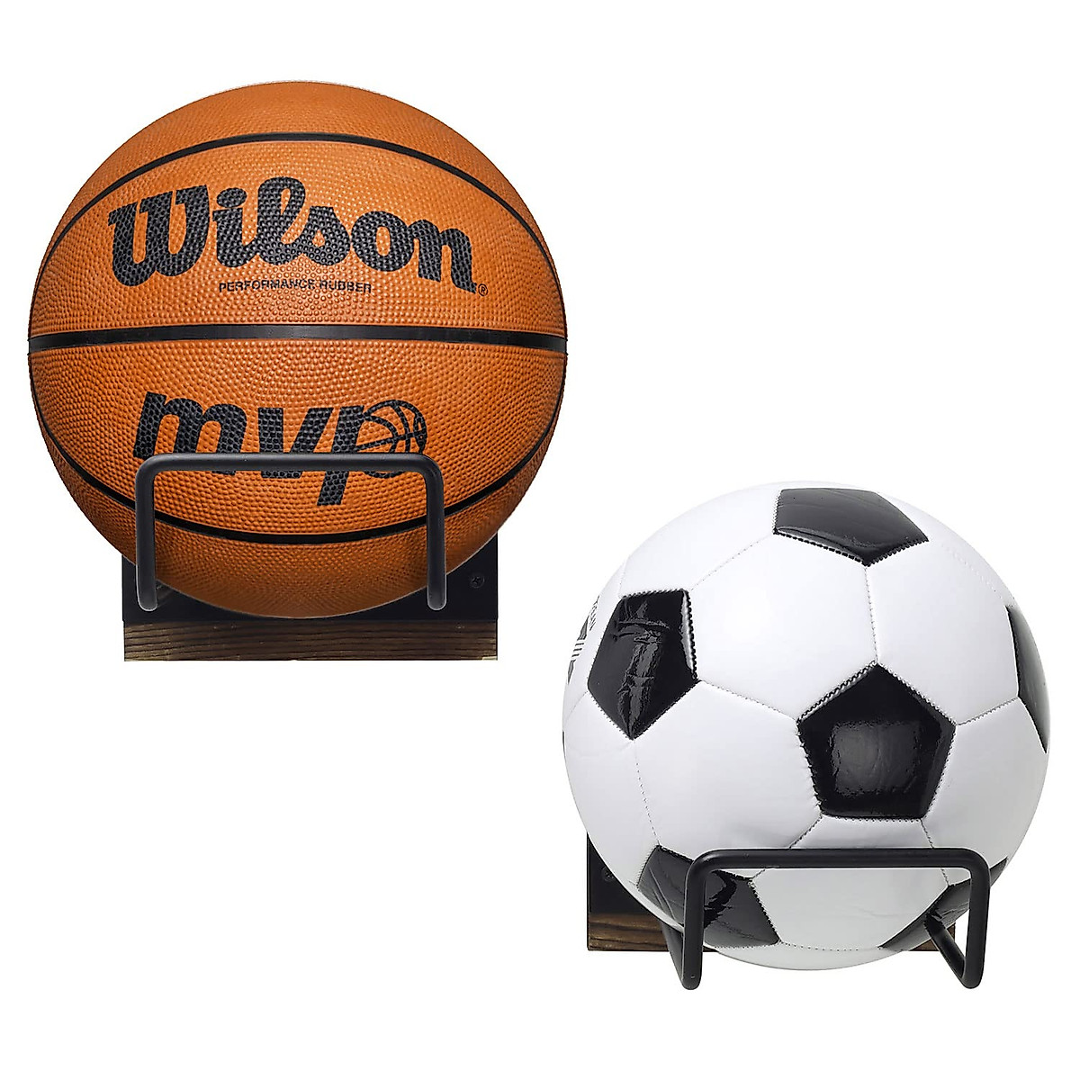 MyGift Black Metal Multi Sports Ball Storage Rack with Burnt Wood Wall Mount Backing, Exercise Ball, Medicine Ball, Basketball Display Holders, Set of 2