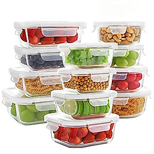 Bayco 24 Piece Glass Food Storage Containers with Lids, Glass Meal Prep Containers, Airtight Glass Lunch Bento Boxes, BPA Free & Leak Proof (12 lids & 12 Containers) - White