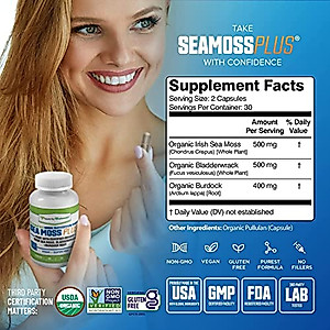 Power By Naturals USDA Organic Sea Moss Plus Bladderwrack and Burdock Root Capsules for Gut Health, Immune Support & Thyroid Supplement (Pure, No Fillers, Wildcrafted Irish SeaMoss Pills) 60Ct.