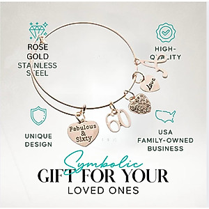 Infinity Collection 60th Birthday Charm Bracelet – Rose Gold Adjustable Bangle with Fabulous & Sixty Charms – Gift for Women – Includes Velvet Jewelry Pouch