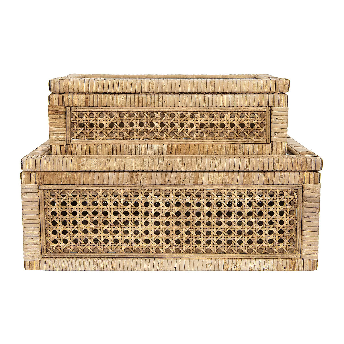 Creative Co-Op Rattan Display Boxes with Glass Top (Set of 2 Sizes) and Mango Wood Footed Bowl