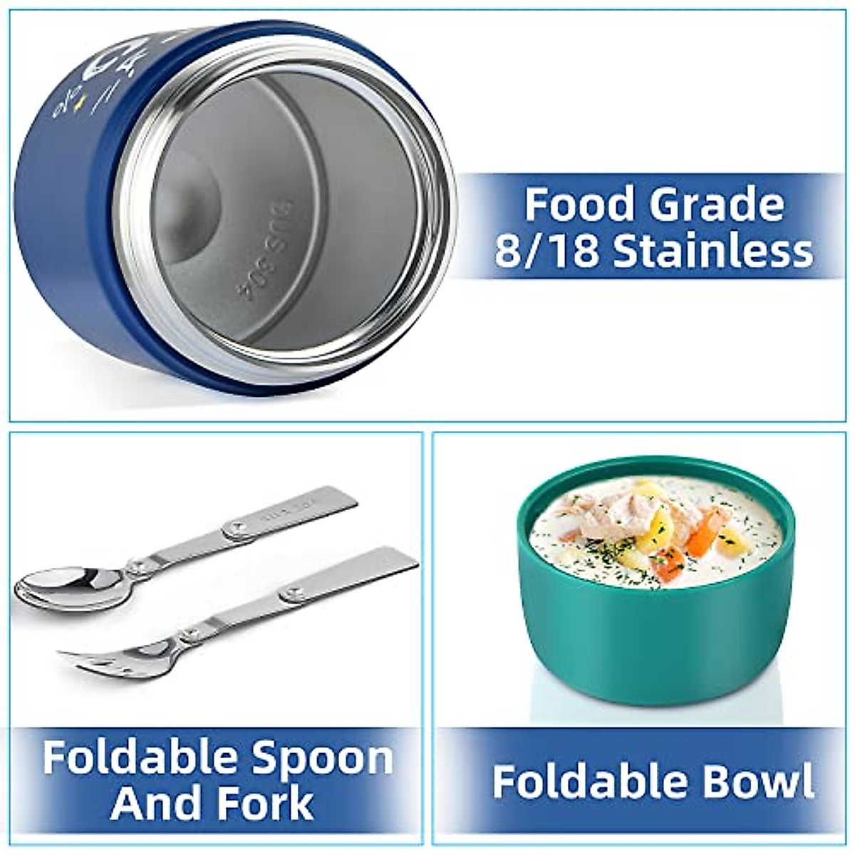Thermos For Hot Food - 27 Oz Insulated Food Jar With Foldable Spoon & Fork, Leak Proof Food Thermos For Kids Adults, Double Walled Soup Thermos With Portable Food Bowl For School Office Outdoors (Dark Blue)