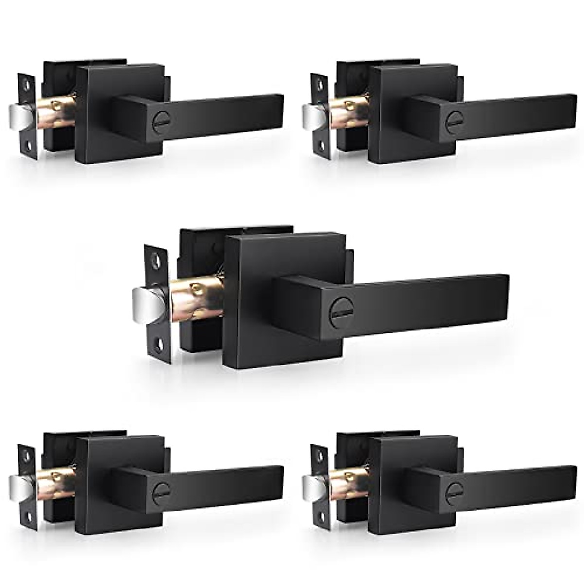 Probrico Heavy Duty Flat Black Square Privacy Interior Door Levers Bedroom and Bathroom Door Handles Keyless Bed/Bath Lockset (5 Pack)