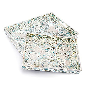 Handmade Serving Trays, Mother of Pearl Inlay Decorative Tray for Room Decor, Coffee Table Tray with Handles Set of 2 Length 16'' and 14'' Trays (TPSET-US)