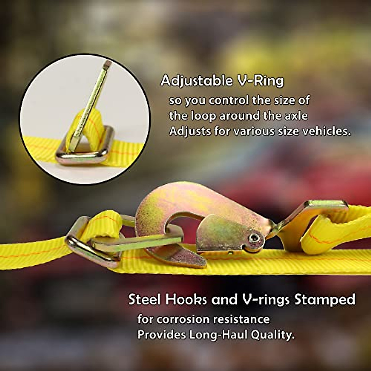 DC Cargo 2 Pack Ratchet Axle Strap Tie Downs (2" Wide x 114" Long) with Adjustable Ring and Slipfree Webbing for Secure Auto Hauling, Heavy-Duty Tow Straps for Car Trailers and Auto Carriers