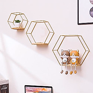 SFTYUFS Floating Shelves Wall Mounted Floating Hexagon Shelves, Metal Framed Gold Shelves with Wood Based in Modern Chic Style, for Wall Storage & Display in Living Room Bedroom