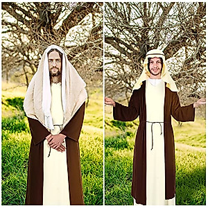 3 Pcs Halloween Jesus Costume Adult Saint Biblical Religious Costume for Men Pharaoh Costume Tan Robe Headband Shepherd Staff (X-Large)
