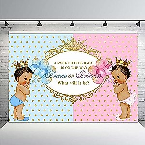 MEHOFOTO Royal Gender Reveal Party Photo Background Baby Shower Prince or Princess Pink or Blue Gold Polka Dots Balloons Decoration Photography Backdrops Banner for Dessert Table Supplies 7x5ft