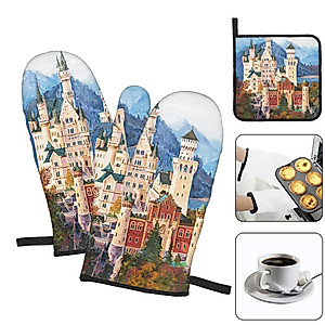 Swono Castle Painting Oven Mitts and Pot Holders Sets,Original Oil Painting of Famous Neuschwanstein Castle in Bavaria Kitchen Cooking Gloves Heat Resistant Baking for BBQ Grilling
