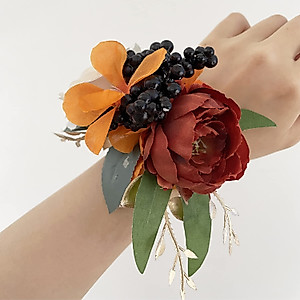 Rinlong Set of 6 Burnt Orange Wrist Corsage Wristlet Band Bracelet Wrist Flowers Wedding Bride Bridesmaid Flower Accessories Decoration