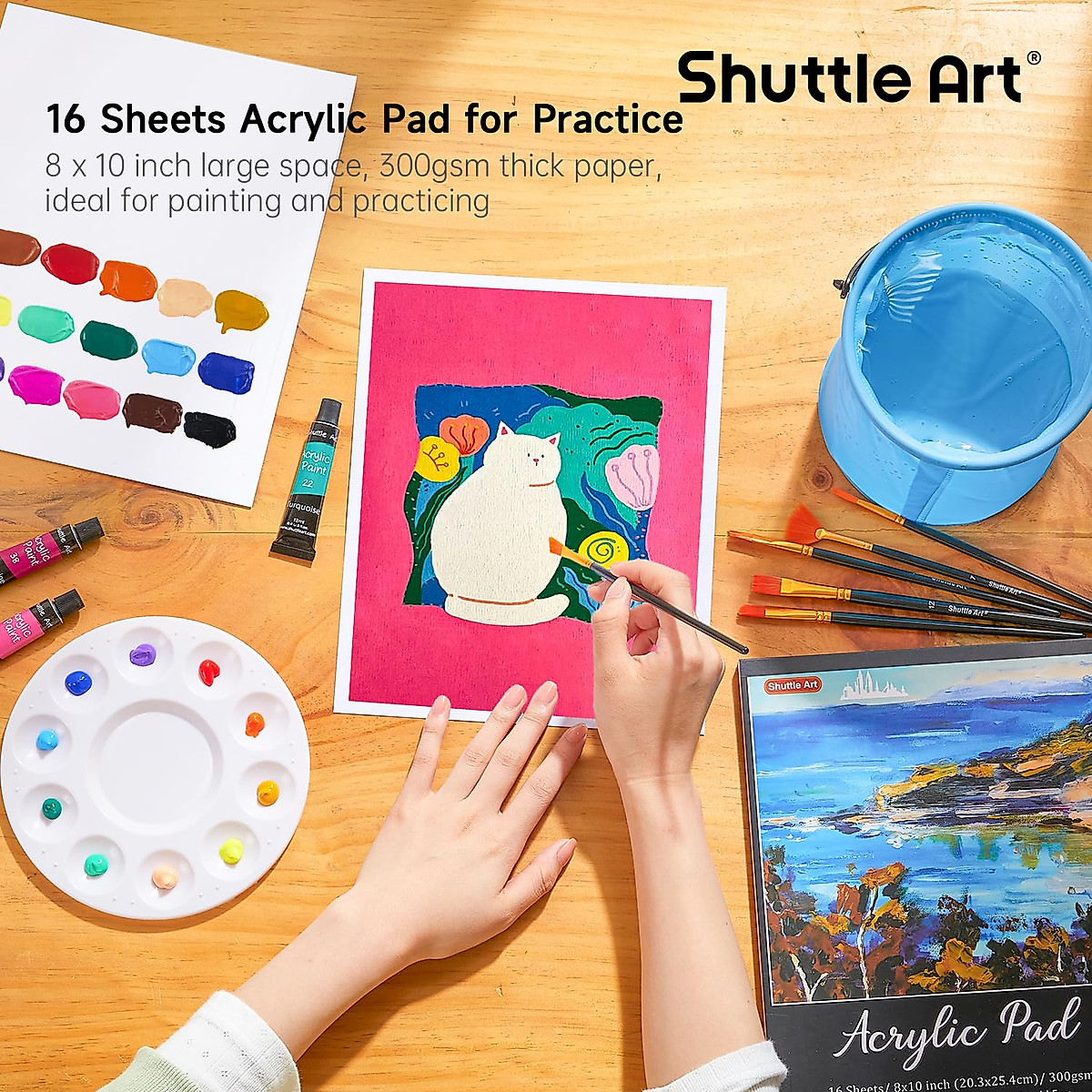 Shuttle Art 54 Pack Acrylic Paint Set, Acrylic Painting Set with 30 Colors Acrylic Paint, Wooden Easel, Painting Canvas, Paint Brushes, Palette, Art Painting Supplies for Kids Adults Beginner Artists