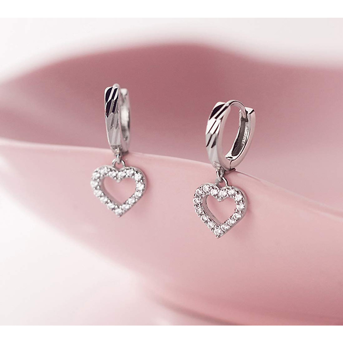 SLUYNZ 925 Sterling Silver Delicate CZ Heart Hoop Earrings for Women Sweet Love Heart Drop Earrings (A-Silver)