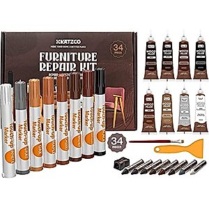 Katzco Total Furniture Repair Kit - Set of 34 - Resin Repair Wood Filler, Brushes, Markers with Plastic Scraper - for Stains, Scratches, Wood Floors, Tables, Desks, Carpenters, Bedposts