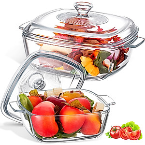 Maxcheck 2 Pieces Glass Casserole Dish with Lid Baking Casserole Dish Covered Cookware Microwave Bowls with Handle for Kitchen Restaurant Home Party Cooking, Oven Safe (Square, 0.8L/ 1.5L)