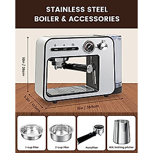 Teglu Espresso Machine 20 Bar with Milk Frother, Semi-Automatic Latte & Cappuccino Coffee Maker Duo-cup 33oz/1L Removable Water Tank for Home/Office, 1450W, Stainless Steel