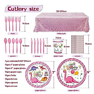 Party Spot! 150 pcs Dinosaur Birthday Party Supplies For Girls (Serves 12), Pink Dinosaur Party Decorations, 50 pcs Latex Balloons, 12 sets Tableware, Plates, Tablecloth, Installation Tools