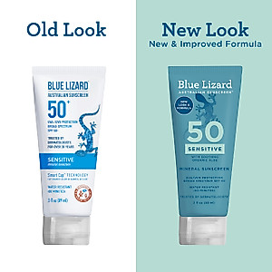 Blue Lizard SENSITIVE Mineral Sunscreen with Zinc Oxide, SPF 50+, Water Resistant, UVA/UVB Protection with Smart Cap Technology - Fragrance Free, 3 oz. Tube