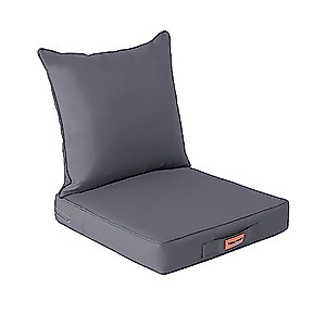 Faible Poisson Outdoor Chair Cushions, 18 x 18 Inch Waterproof Patio Furniture Back & Deep Seat Cushion Set with Handle and Anti-Slip Straps for Indoor Garden Camping, Plain Dark Grey