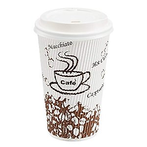 Amazon Basics Insulated Ripple Wall Polyethylene Hot Cups with Lids, Café Design, 16 oz, 100-Count