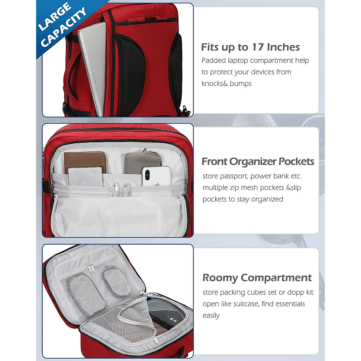 Hynes Eagle 44L Carry on Backpack Airline Approved Travel Backpack for Men Women Large Laptop Backpack 17 inch Nylon Backpack Overnight Weekender Bag Red