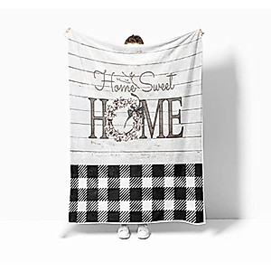 Black White Buffalo Check Plaid Chunky Throw Blanket for Couch Bedroom Bedding Decor Office, Rustic Floral Farmhouse Soft Thick Flannel Bed Blanket Decorations (640 Grams 50X60 Inches)