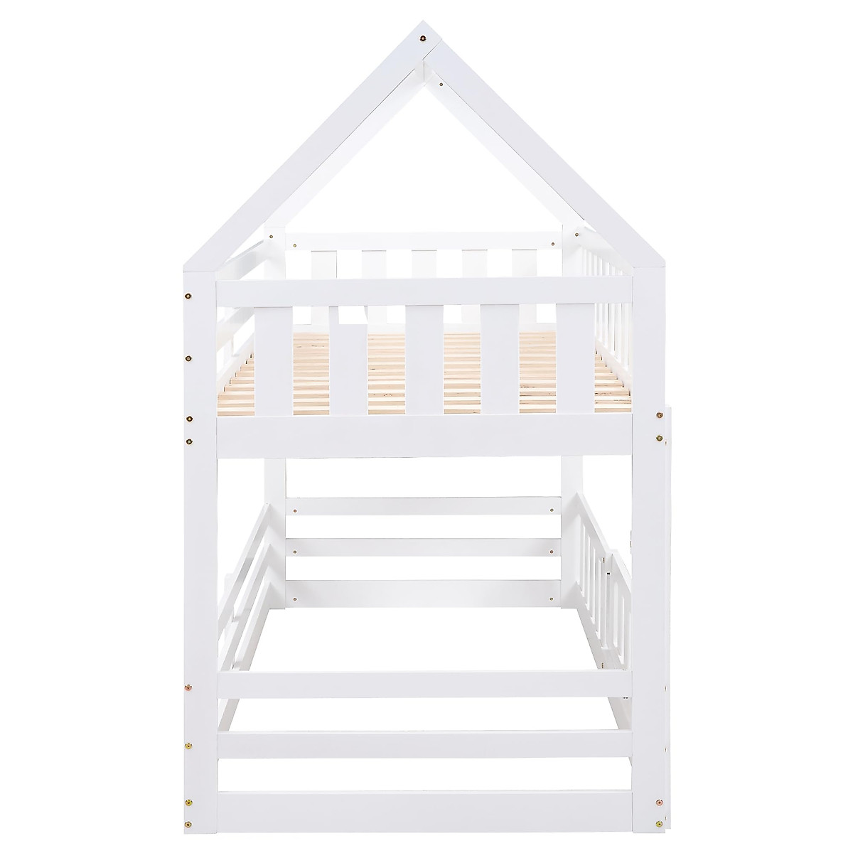 LZ LEISURE ZONE Twin Over Twin Bunk Bed, Wood Twin Size House Bed with Fence and Door, No Box Spring Needed, White