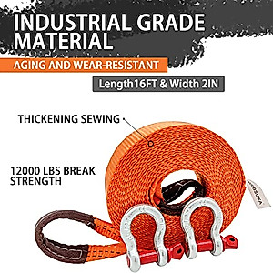 Heavy Duty Tow Straps Recovery Kit, 2" x 16ft Recovery Strap with 12000 lbs Break Strength, Heavy Duty Tow Rope D-Ring Shackles for Towing Vehicles, Boats(Orange)