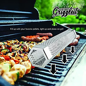 GrizzleIt Pellet Smoker Tube - 12 inches 304 Stainless Steel Smoke Tube for Hot or Cold Smoking - 5 hours of billowing Smoke - Includes 2 S-Shaped Hooks, Silicon Buttering & Cleaning Brush