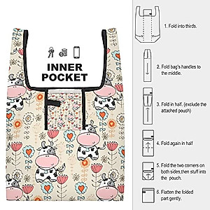 Cow Pattern Printed Reusable Grocery Bag with Handle Foldable Shopping Tote Bags Portable for Supermarket Camping