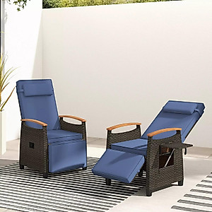 VcJta Elegant Patio Reclining Chair Set with Adjustable Back and Footrest, Wicker Design, includes Convenient Flip Side Table