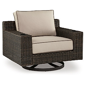Signature Design by Ashley Coastline Bay Casual Outdoor Swivel Lounge with Cushion and 2 Cup Holders, Beige & Dark Brown