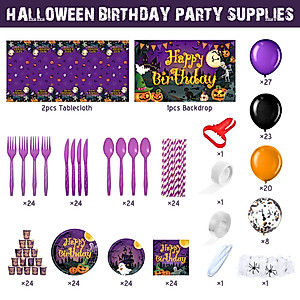 Pajean 277 PCS Halloween Party Supplies Full Set Halloween Happy Birthday Decoration Backdrop Balloons Disposable Plates Tablecloth for Halloween Home Decor and Tableware, Serves 24