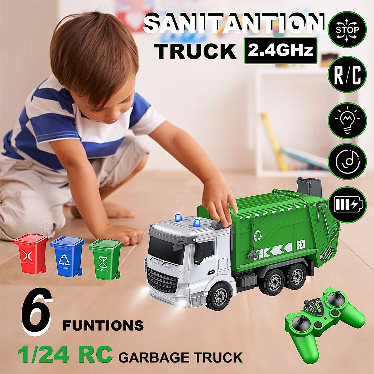 CALEST 2.4Ghz RC Garbage Truck with 4 Trash Cans, 6 Channel Remote Control, Waste Management Toy, 100pcs Garbage Sorting Cards, Boys 3+