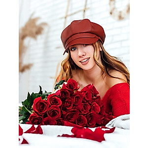 Funtery 3 Pcs Women Newsboy Hats PU Leather Visor Beret Cabbie Hat 8 Panel Vintage Women Fiddler Cap Faux Leather Baker Hat(Khaki, Red, Black)