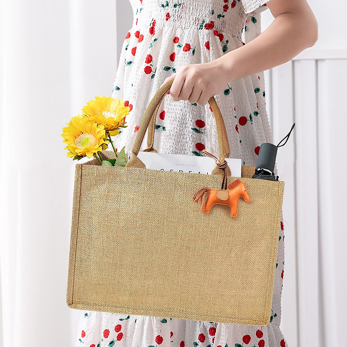 Ndeno Burlap Jute Tote Bags Reusable Cotton Shopping Grocery Bag with Handles, Laminated Interior, bridesmaid tote bags (1pcs, 15.4 x11.8 x5.9 inch)